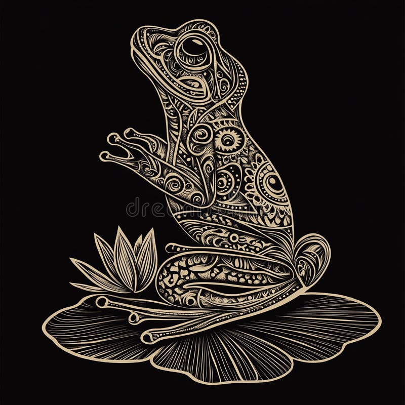 Stylized Frog Sitting on Lily Pad with Intricate Patterns Stock ...
