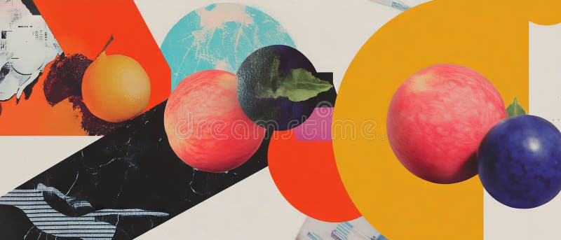 Stylized Fruit-themed Mixed Media Collage with Geometric Elements and ...