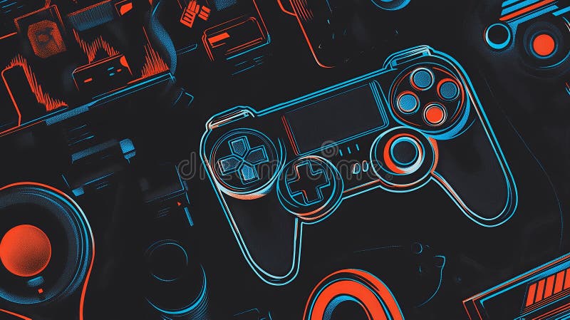 Stylized Game Controller and Accessories with Neon Outline Effect ...