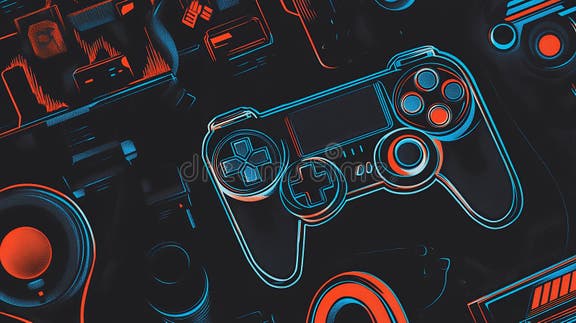 Stylized Game Controller and Accessories with Neon Outline Effect ...