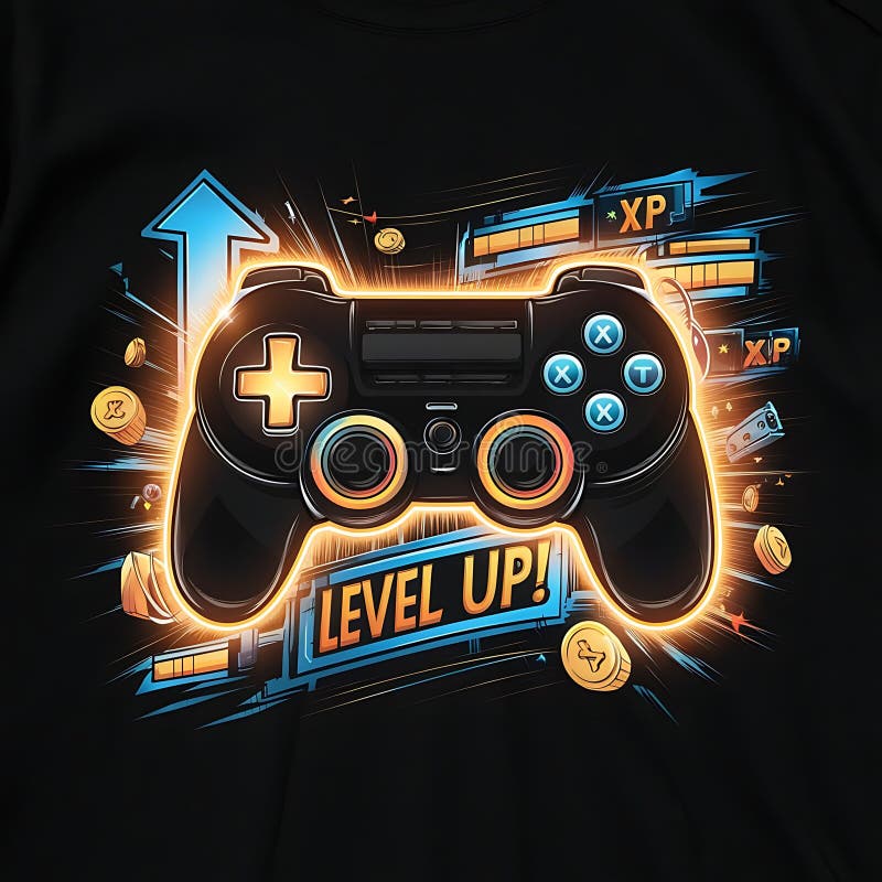 A Stylized Gaming-themed Design Features a Black Game Controller with ...