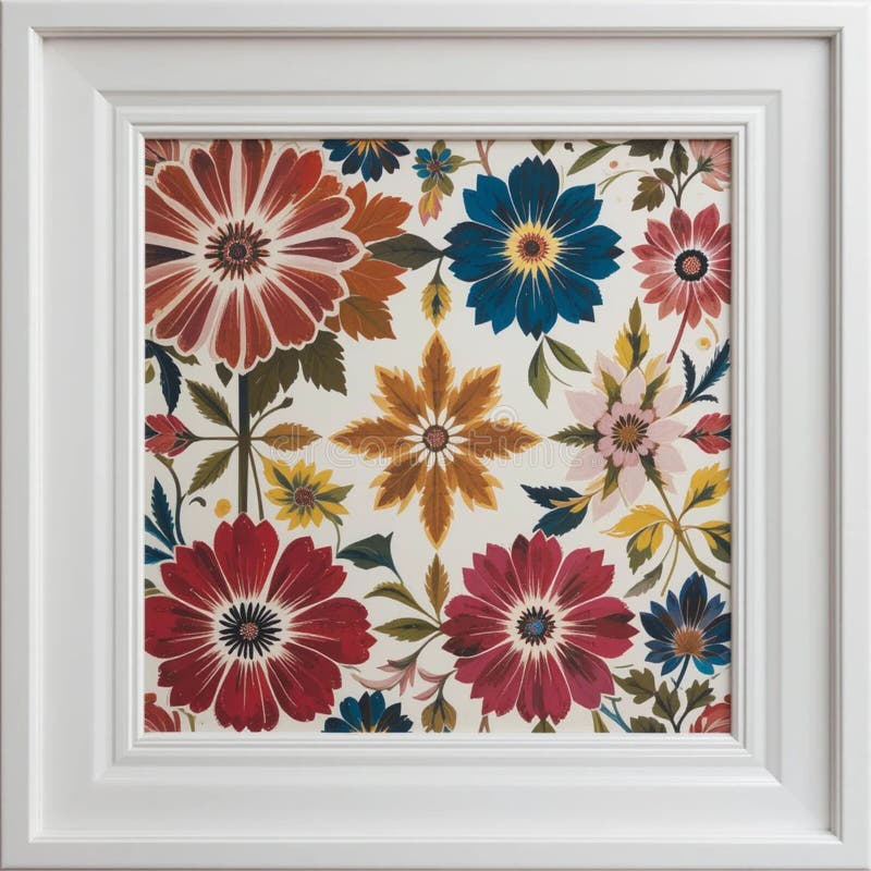 Stylized Geometric Floral Pattern, Contrasting Colors, Clean White ...