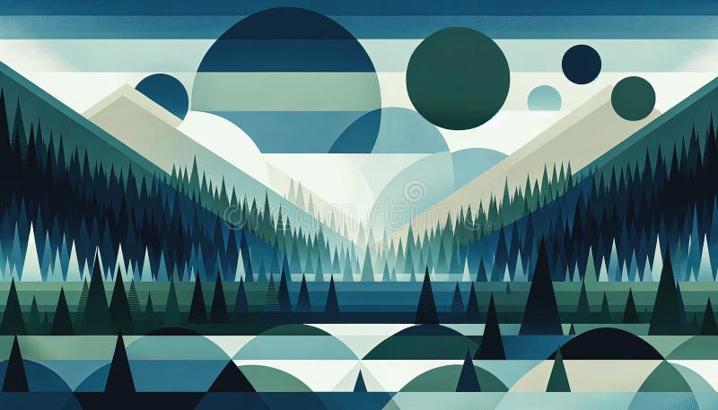 A Stylized, Geometric Landscape Featuring Layered Mountains, a Serene ...