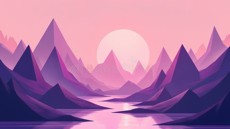 Stylized Geometric Landscape with Triangular Forms and Glowing Sky ...