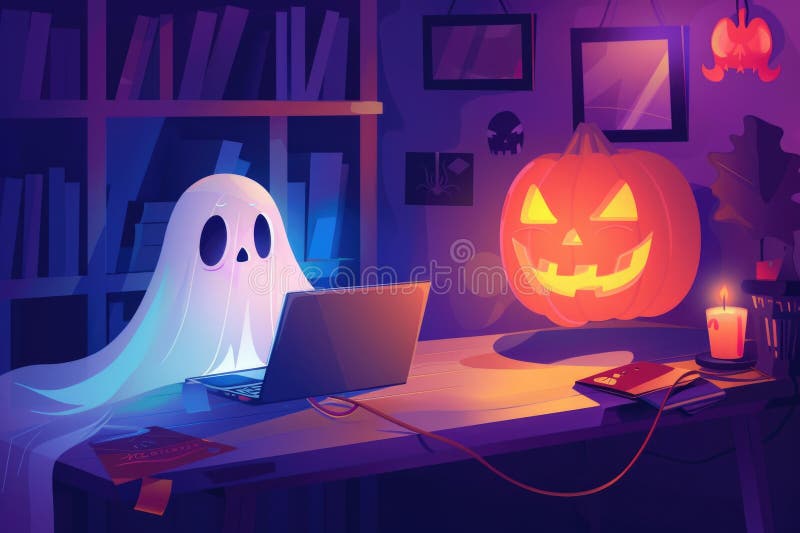 Stylized Ghost Character with Glowing Eyes at Work on Computer ...
