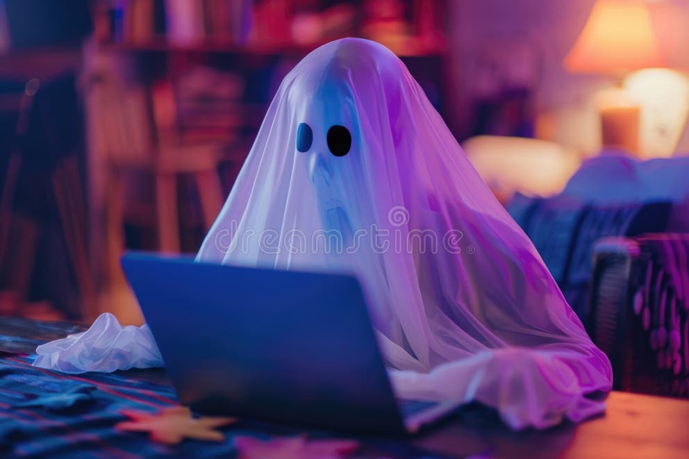 Stylized Ghost Character with Glowing Eyes at Work on Computer ...
