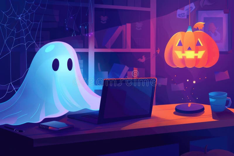 Stylized Ghost Character With Glowing Eyes At Work On Computer Halloween Theme With Jack O