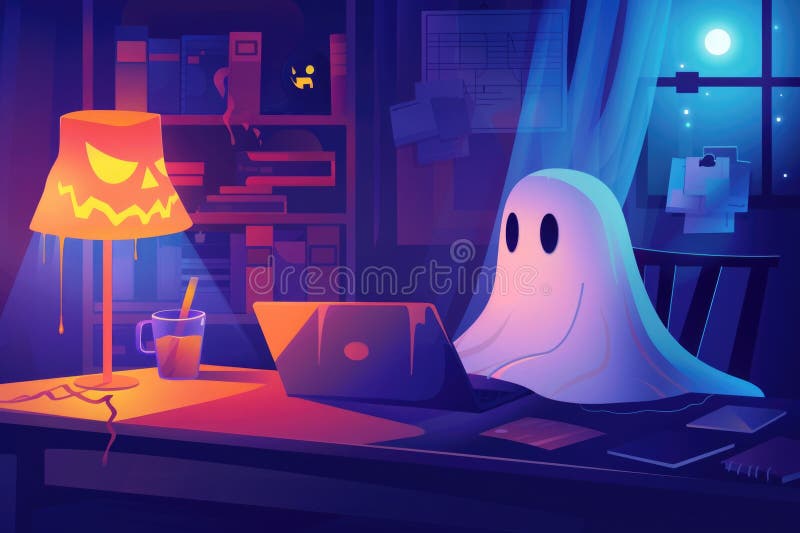 Stylized Ghost Character with Glowing Eyes at Work on Computer ...