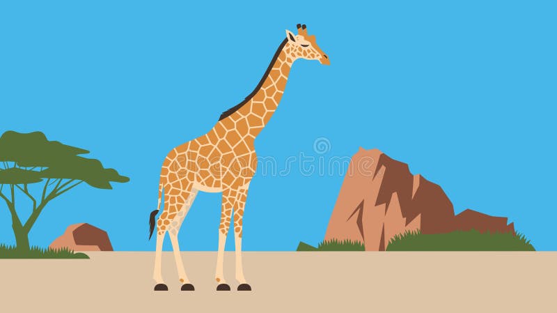 Stylized Giraffe in a Minimalist Landscape with Blue Sky and Rocks ...