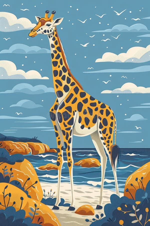 Giraffe by the Sea: a Serene Coastal Scene Stock Illustration ...