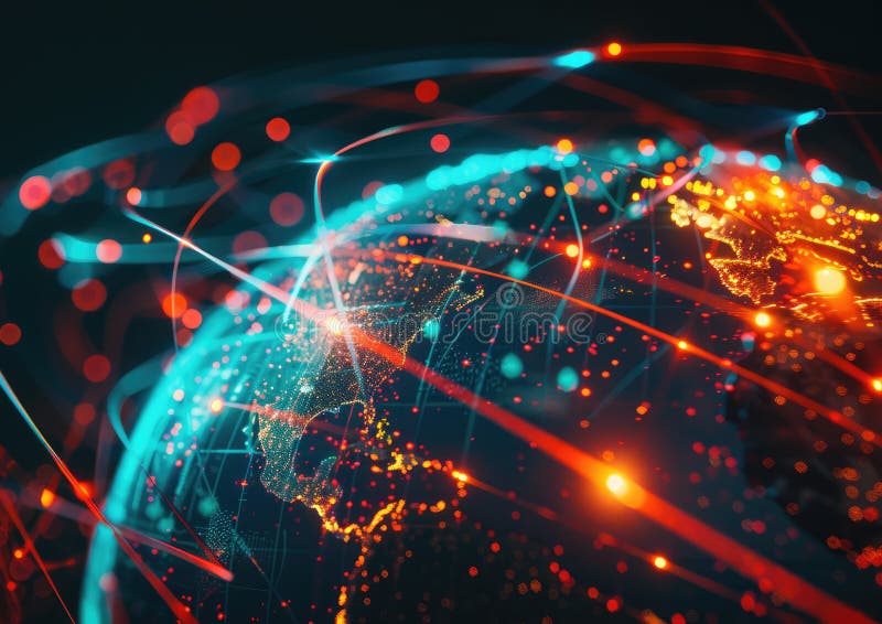 A Stylized Globe, with Continents Outlined in Neon Light, Connected by a Network of Pulsating ...