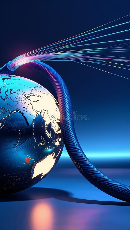 Stylized Globe and Fiber Optic Cable on Gradient Blue Background Stock ...