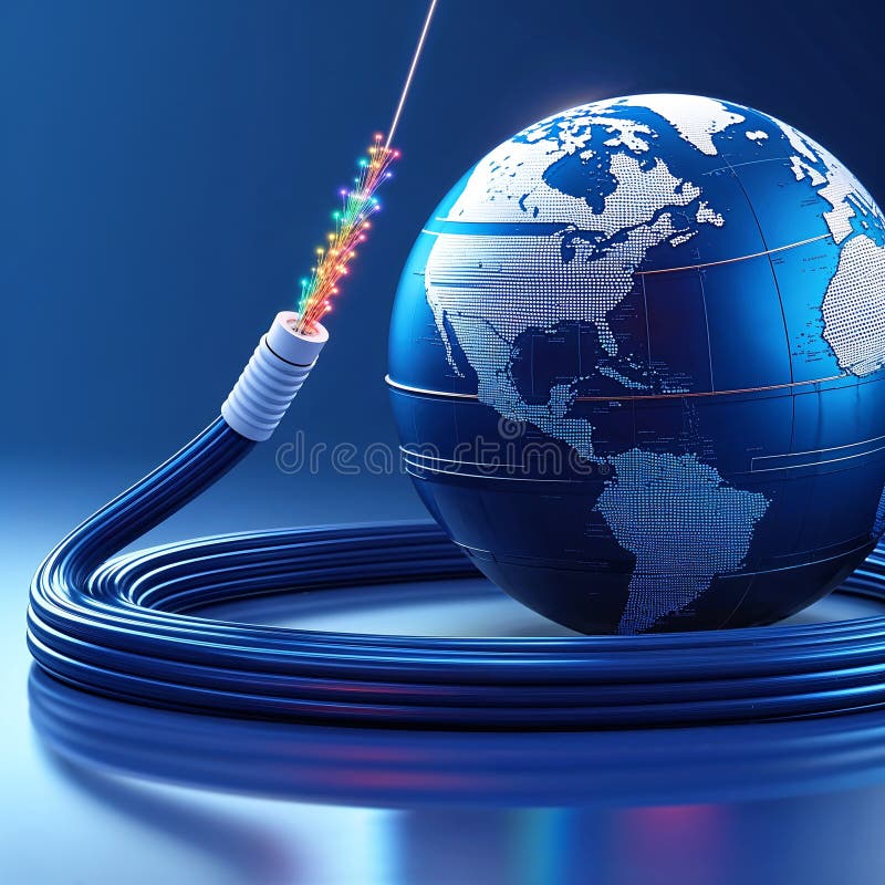 Stylized Globe and Fiber Optic Cable on Gradient Blue Background Stock ...