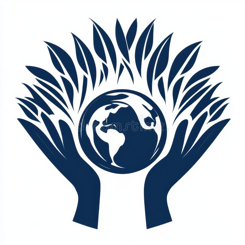 Stylized Globe in Hands with Leaves Navy Blue Environmental Icon Stock ...
