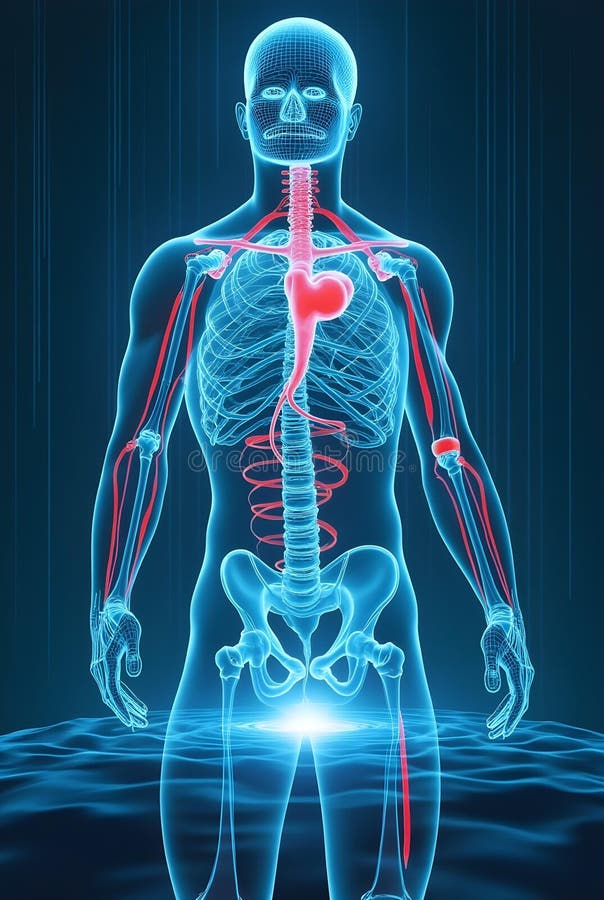 A Stylized, Glowing Blue Human Figure with the Circulatory System Stock ...