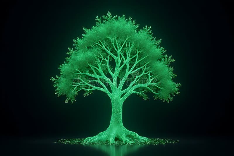 A Stylized, Glowing Green Tree Rendered in a Digital, Point-cloud Style ...