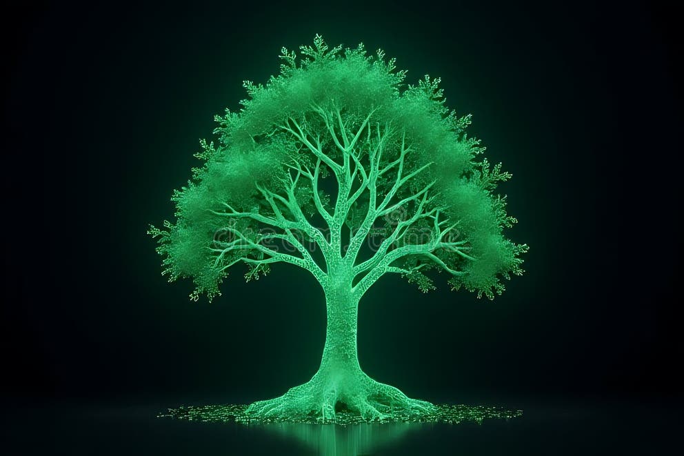 A Stylized, Glowing Green Tree Rendered in a Digital, Point-cloud Style ...