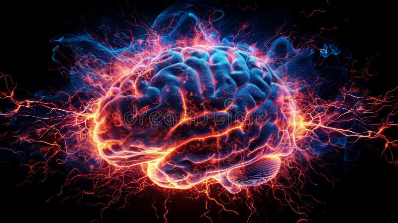 A Stylized, Glowing Human Brain with Electric Energy Surging Around it ...