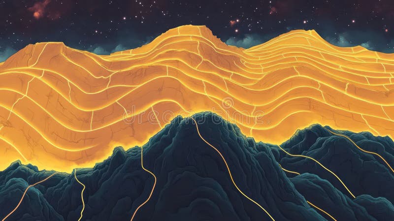 A Stylized, Glowing Landscape with Wavy Golden Patterns Resembling Lava ...