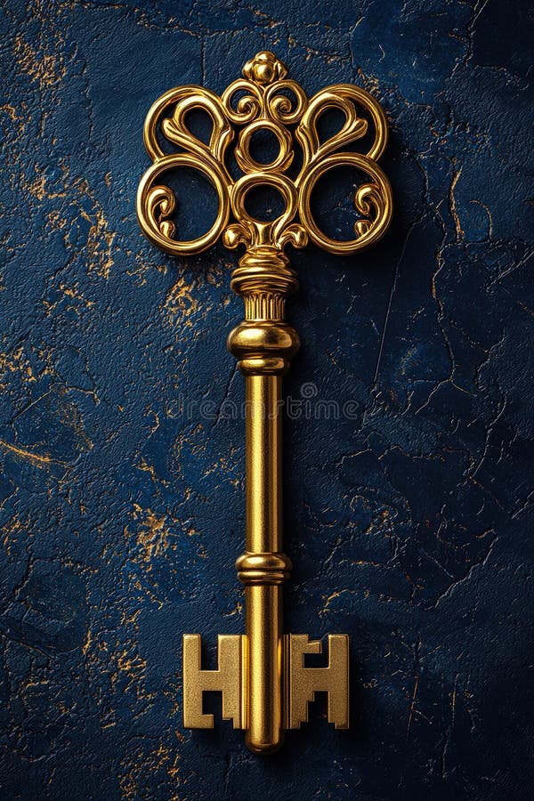 Stylized Gold Key with Decorative Design on Textured Dark Blue ...