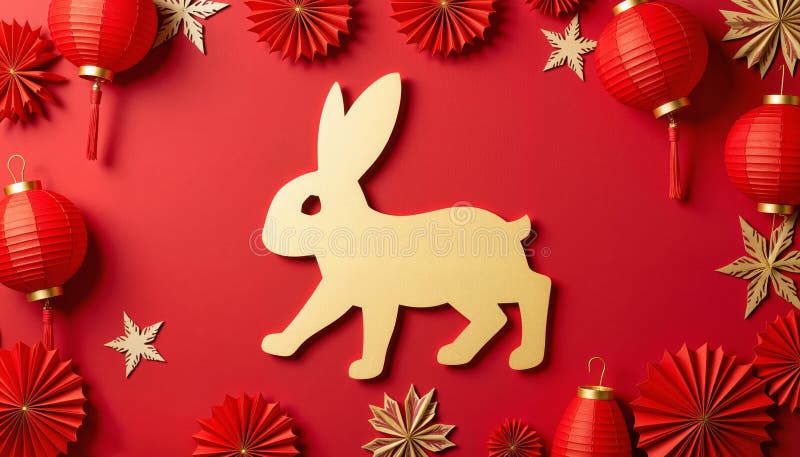 Stylized Gold Rabbit Illustration Surrounded by Red Decorations ...