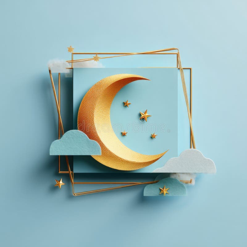 Stylized Golden Crescent Moon and Stars on Pastel Blue Background with ...