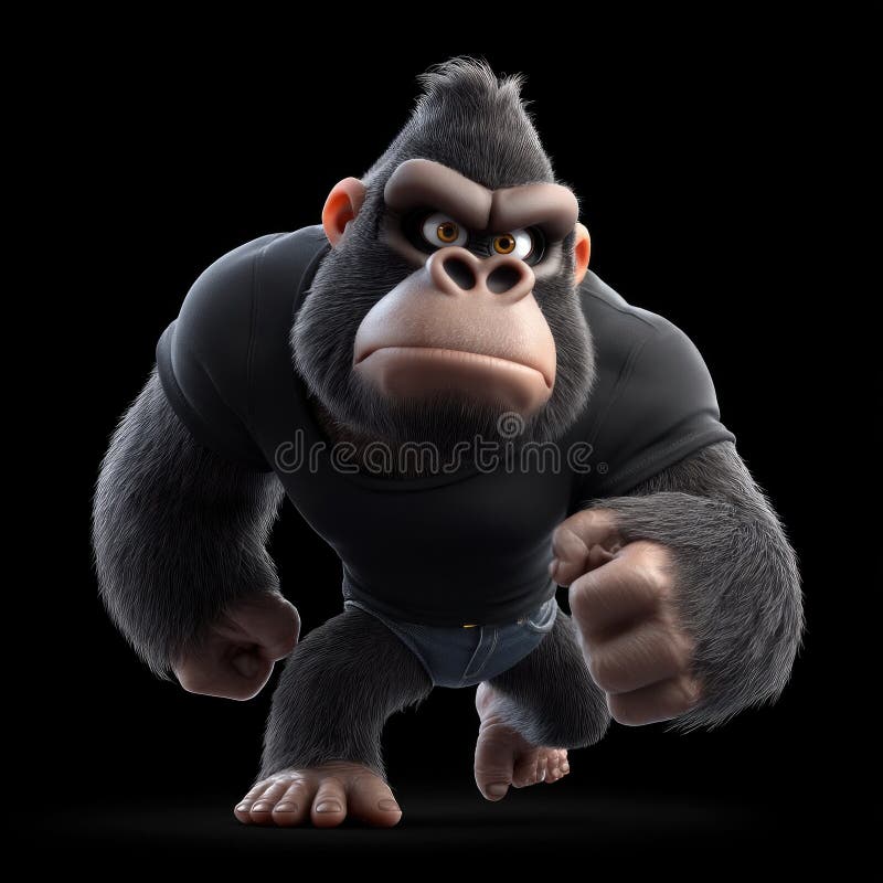 A Fierce Cartoon Gorilla in a Black Shirt, Ready To Fight, Posing with ...
