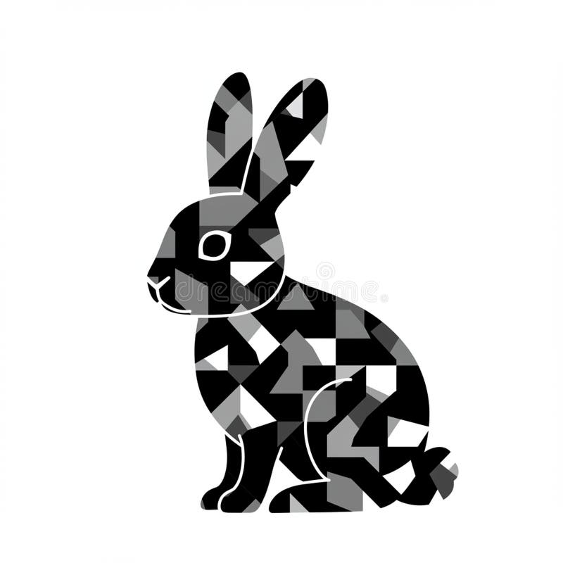 Stylized Graphic of a Rabbit with a Geometric Pattern in Black, White ...