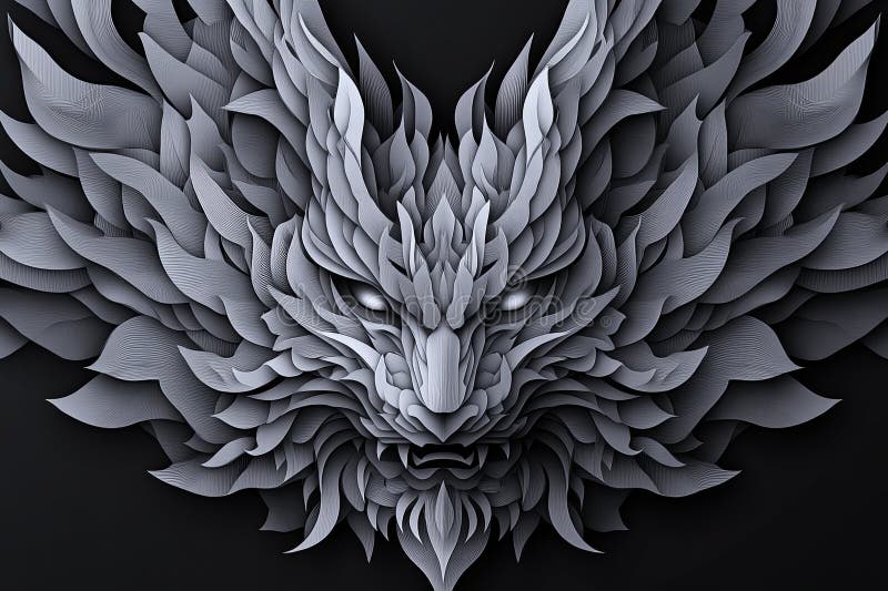 Stylized Grayscale Dragon Head with Intricate Leaf-like Details Stock ...