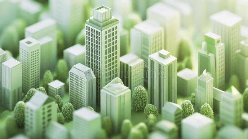 Stylized Green Cityscape 3D Render Light Green and White Buildings ...
