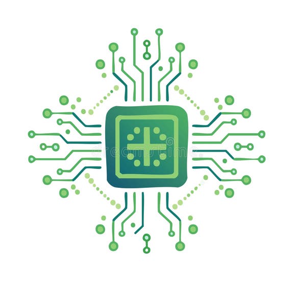 Stylized Green Computer Chip with Circuitry Connection Points Digital ...