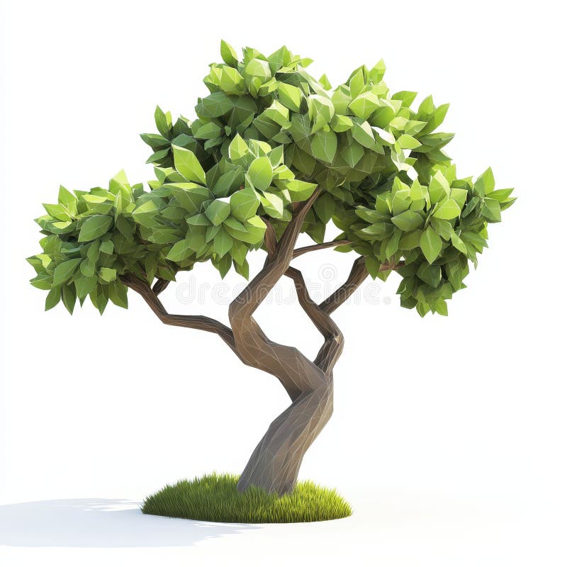 A Stylized, Green-leafed Tree with a Twisted Trunk and Grassy Base ...