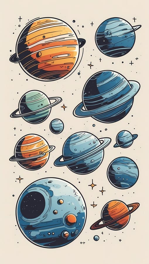 Stylized Hand-drawn Illustration of Various Planets and Celestial ...