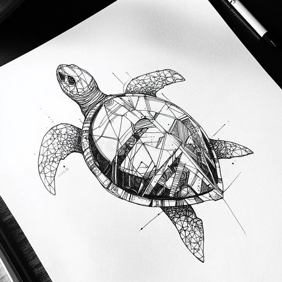 Stylized Hand-drawn Turtle with Patterned Shell for Tattoos or Wall Art ...