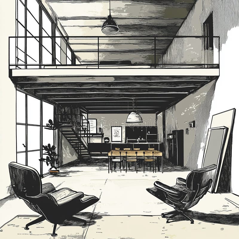 Stylized Hand-drawn Vector of a Modern Loft with Open Spaces and ...