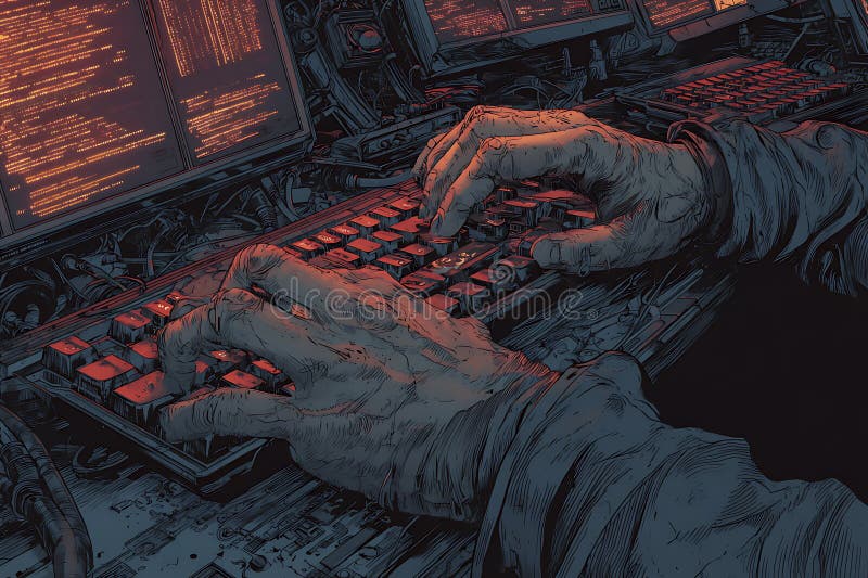 Stylized Hands of Hacker at Keyboard Surrounded by Futuristic Monitors ...