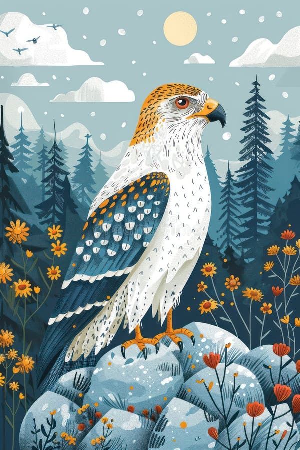 Majestic Hawk Perched on Rocks in Snowy Winter Forest Stock ...