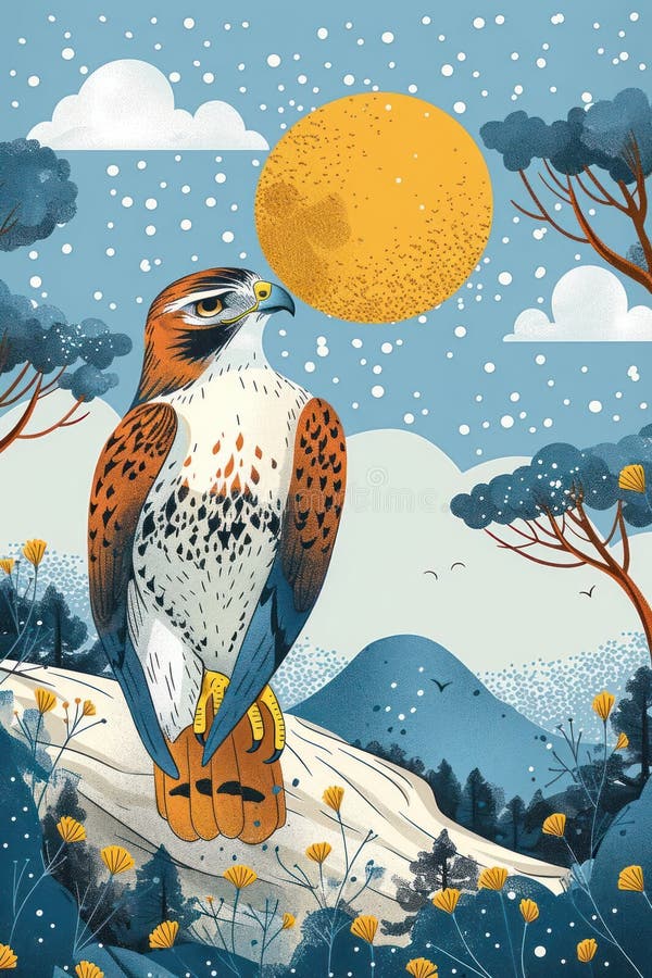 Majestic Red-tailed Hawk Perched on Snowy Mountain Peak Under a Winter ...