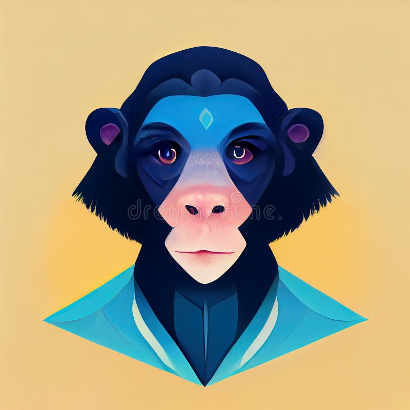 Stylized Head of a Blue Monkey. Illustrated Portrait of a Chimpanzee ...