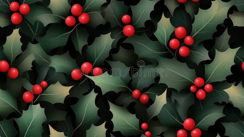 Stylized Holly Leaves and Red Berries Create Festive Pattern Stock ...