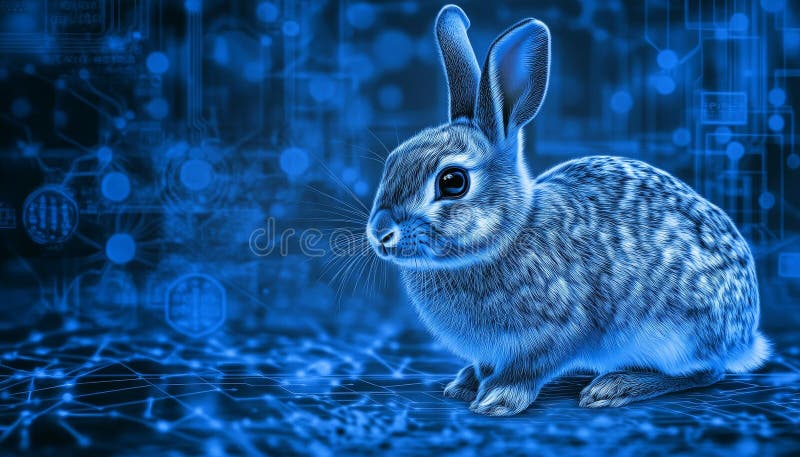 Stylized Holographic Rabbit in Blue Digital Landscape Representing ...