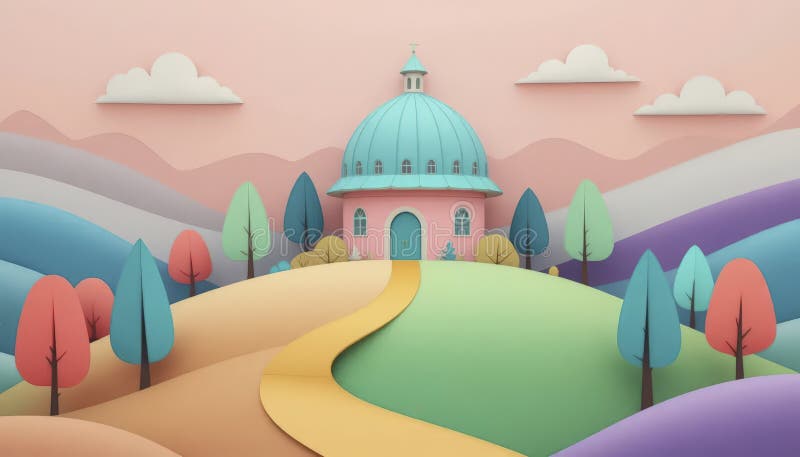 Stylized House with Blue Dome on a Hill Surrounded by Trees Stock ...