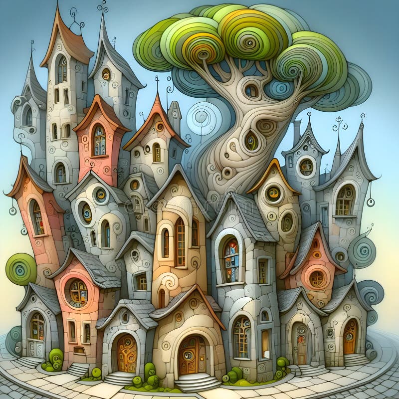 Stylized Houses with Elongated Roof,curved Wall,strange Windows and ...