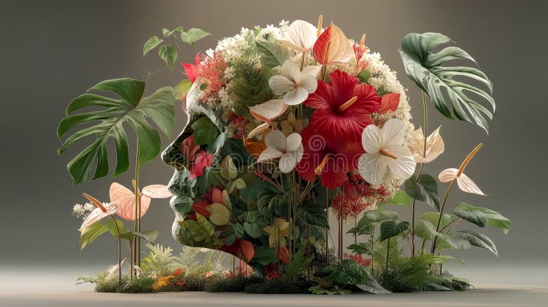 A Stylized Human Brain Created from a Mix of Tropical Plants and Exotic ...