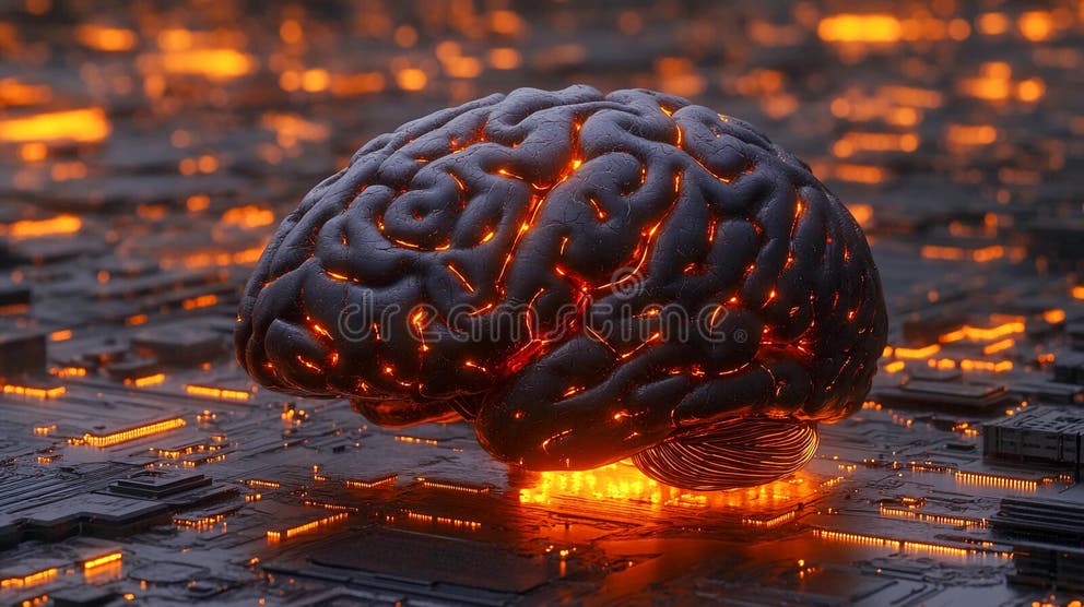 A Stylized Human Brain Lying on a Surface Resembling an Electronic ...