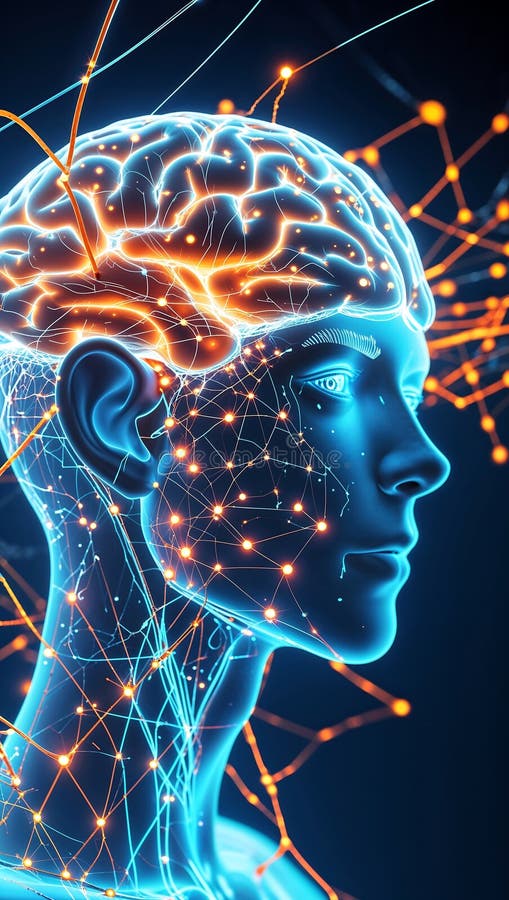 Stylized Human Head with Neural Networks and Glowing Translucent Brain ...