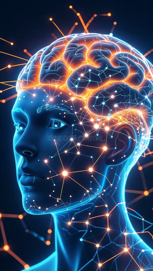 Stylized Human Head with Neural Networks and Glowing Translucent Brain ...