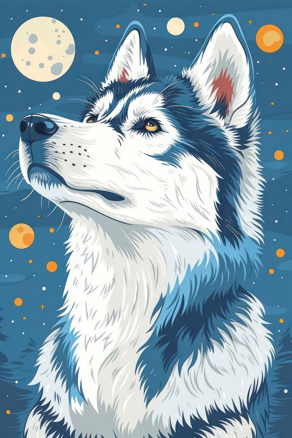 Majestic Husky Dog Looking at the Moon and Stars, Celestial Night ...