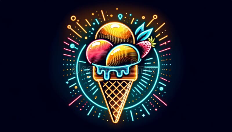 Stylized Ice Cream Cone Under a Neon Glow, Decorated with Abstract Sun ...