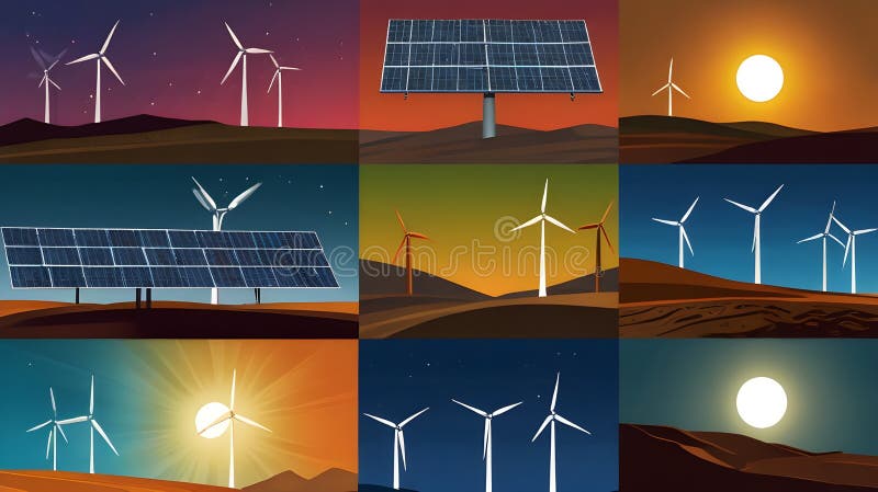 Stylized Icons Representing Wind, Solar, and Geothermal Energy Stock ...